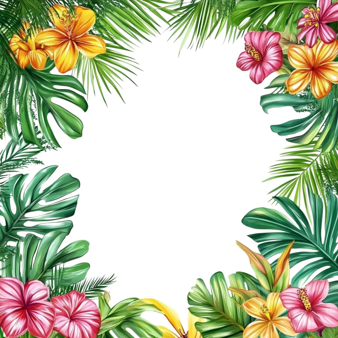 Tropical Watercolor Flower Frames Clipart: Hibiscus PNG (digital ...