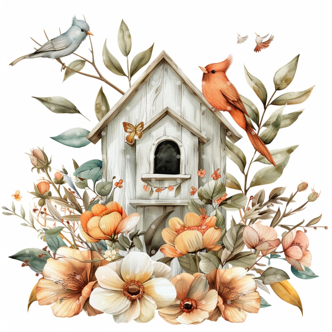 Watercolor Birdhouse Clipart: Commercial Use Bird House Art (digital ...