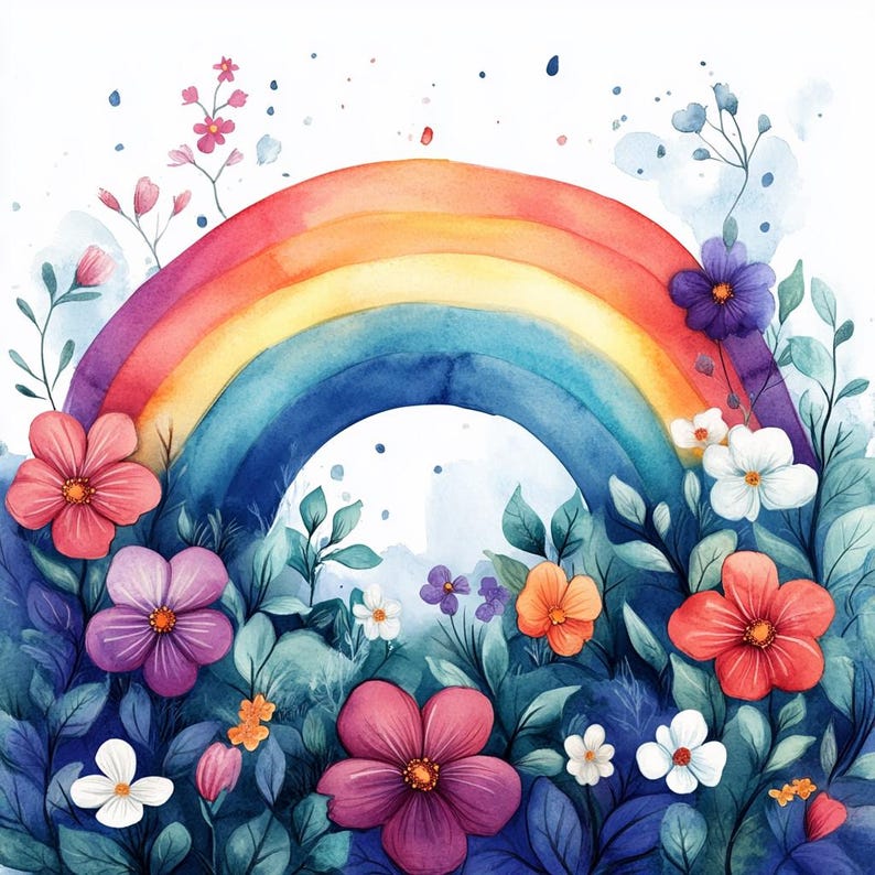 Watercolor Rainbow Flowers Clipart: Floral Art, JPG (digital Download ...