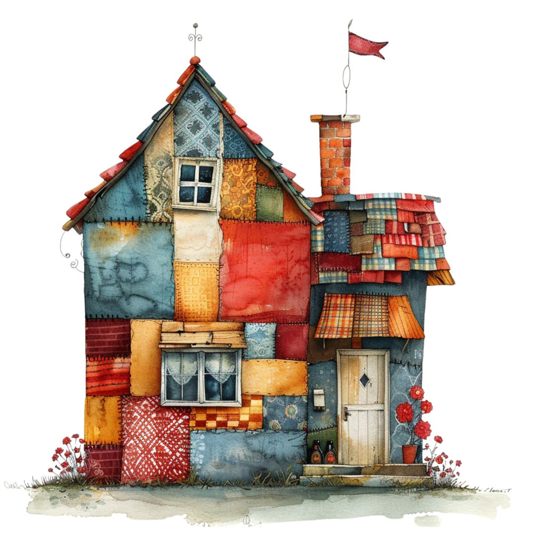 12 CARTOON PATCHWORK HOUSE Cliparts, Png Watercolor House, Cozy Cartoon ...