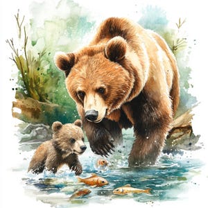 10 Watercolor Bears Catching Fish Clipart, JPG Illustrations, Printable ...