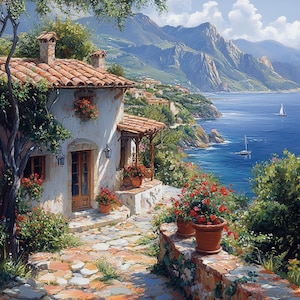 Coastal Mountain View Art: Provence House by the Sea (digital Download ...