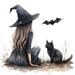 10 Witches Black Cat Clipart, JPG, Watercolor Halloween Illustrations ...