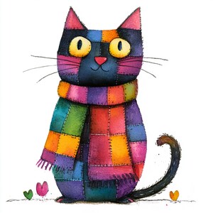 Watercolor Patchwork Cat Clipart: Vintage Scrapbooking Art (digital ...
