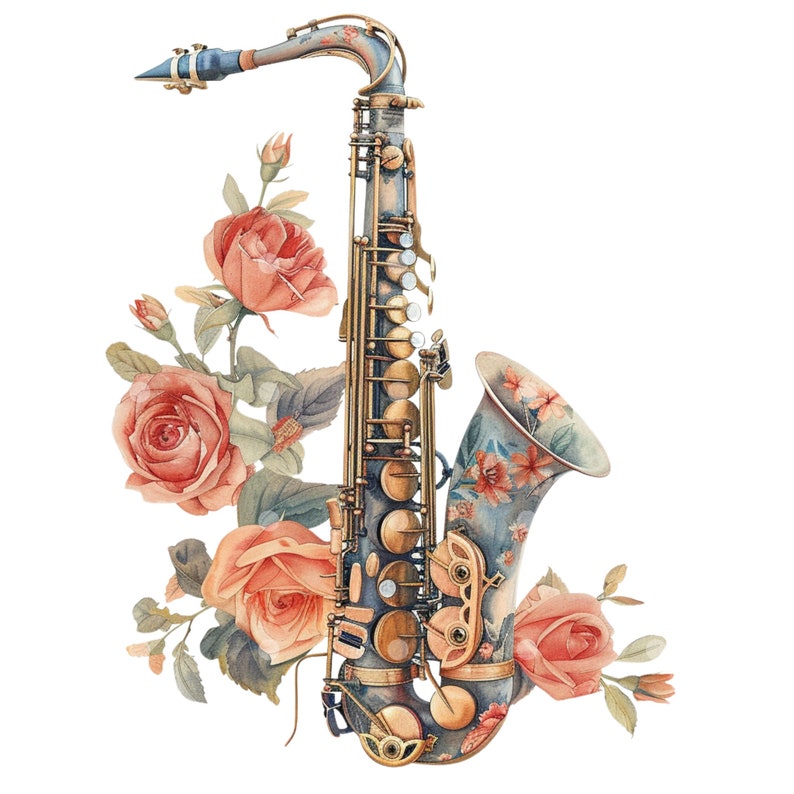 12 Floral Saxophone Clipart, PNG, Saxophone With Flowers Png, Printable ...
