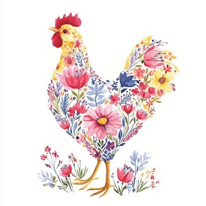 Floral Chicken Watercolor Clipart: Farm Animal PNG (digital Download ...