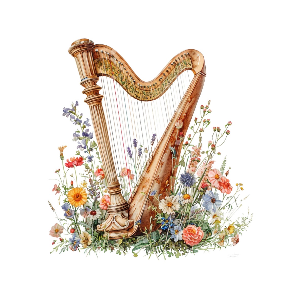 12 Floral Harp Clipart, PNG, Harp With Flowers Png, Printable ...