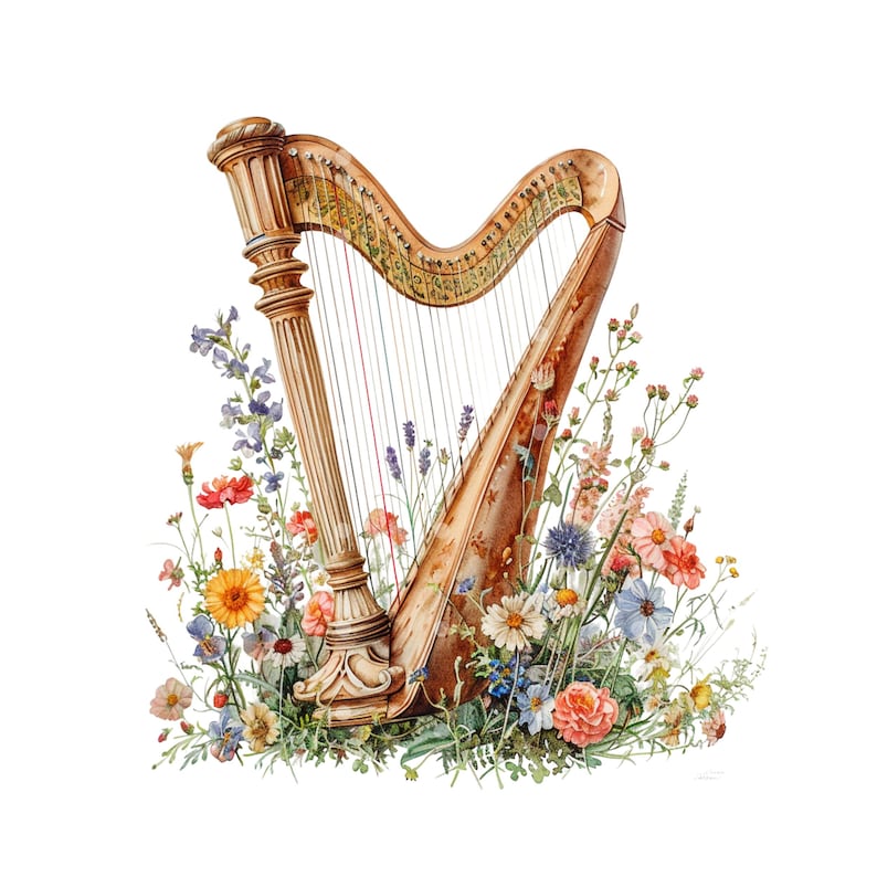 12 Floral Harp Clipart, PNG, Harp With Flowers Png, Printable ...