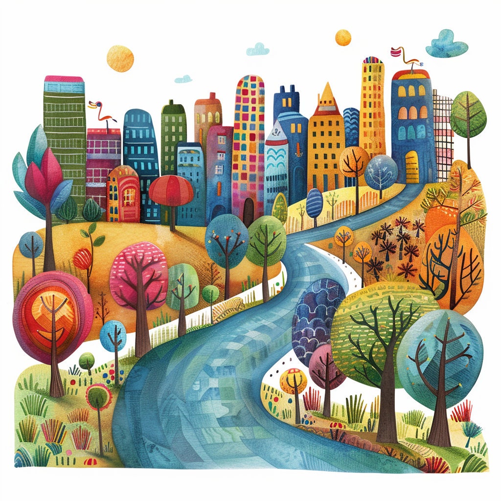 Cartoon Cityscape Clipart: Watercolor Houses & Skyscrapers (JPG) - Etsy ...