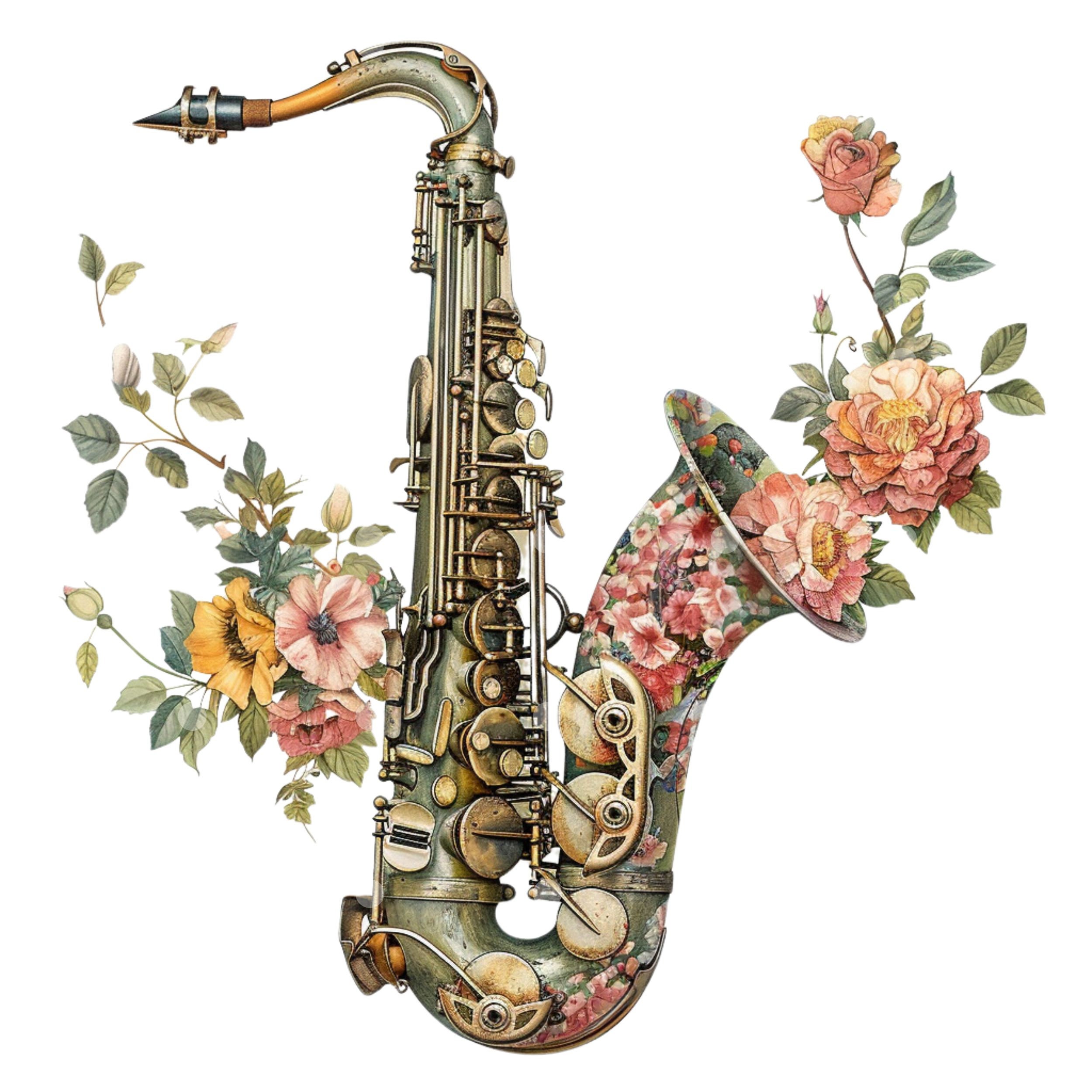 12 Floral Saxophone Clipart, PNG, Saxophone With Flowers Png, Printable ...