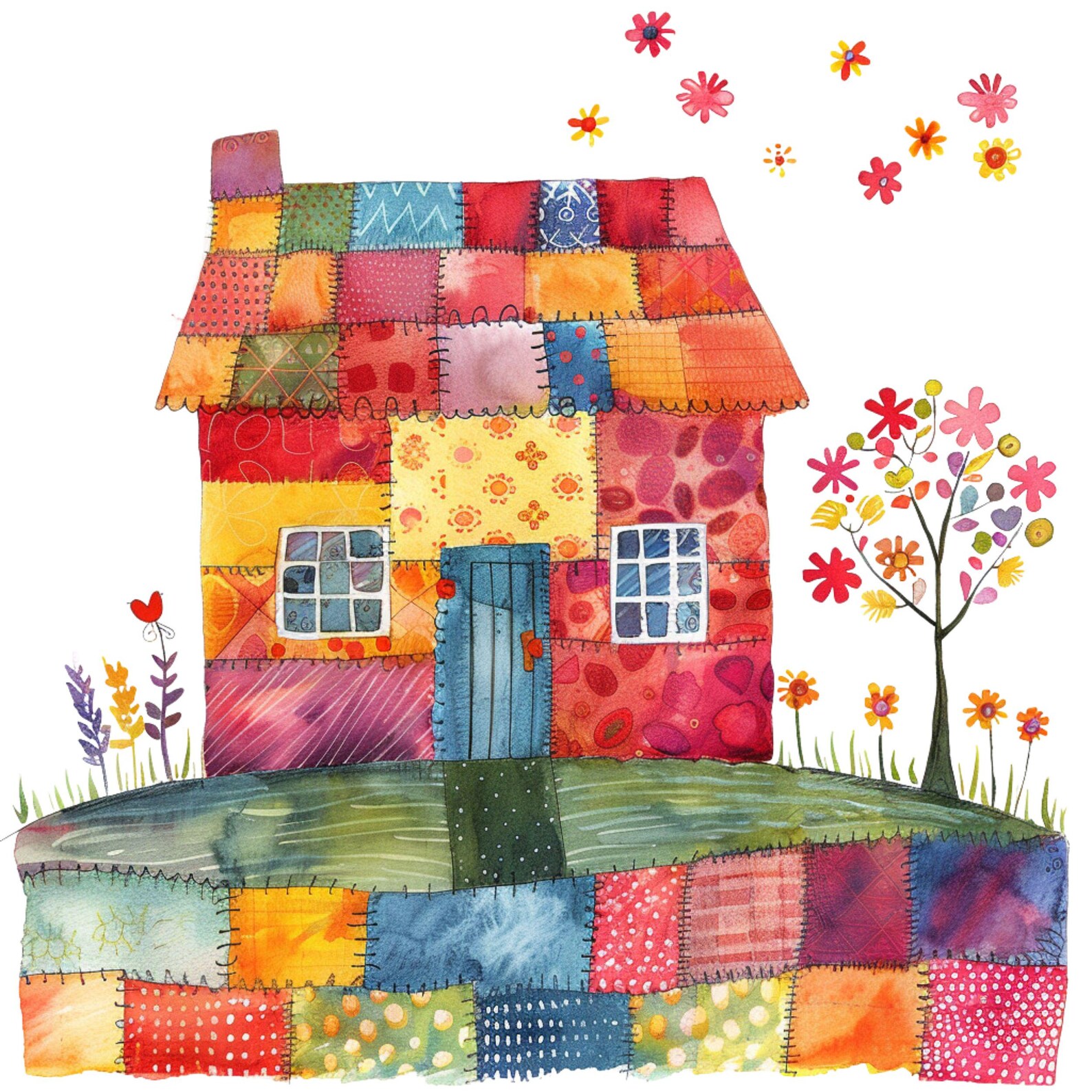 Cozy Patchwork House Clipart: Watercolor Cartoon PNG (digital Download ...