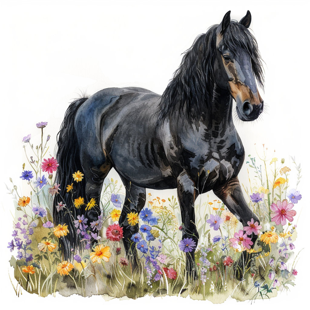 Black Horse Clipart: Watercolor Horse & Flower Wall Art (digital ...