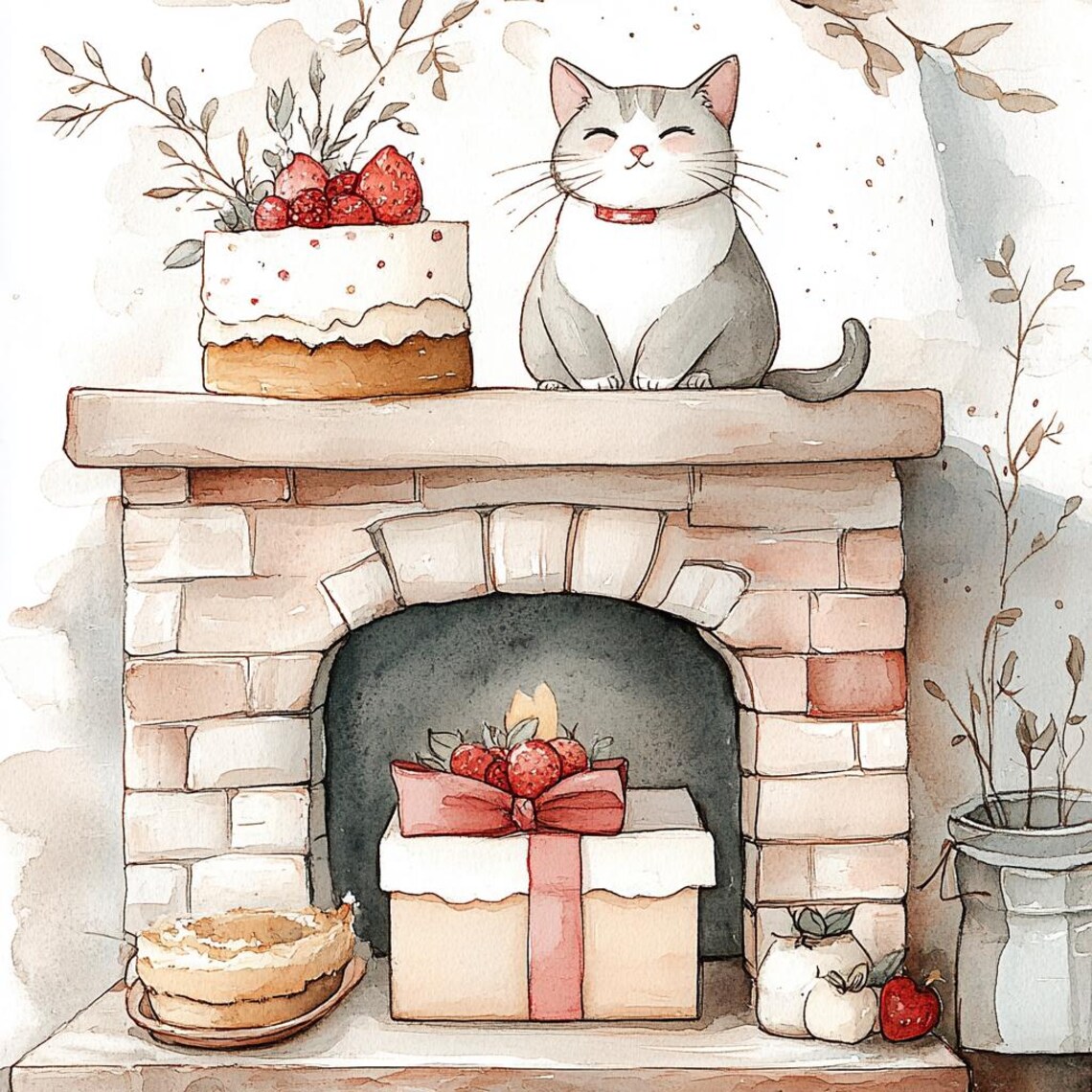 Watercolor Cat Birthday Clipart Bundle: Party Cake Designs (digital ...