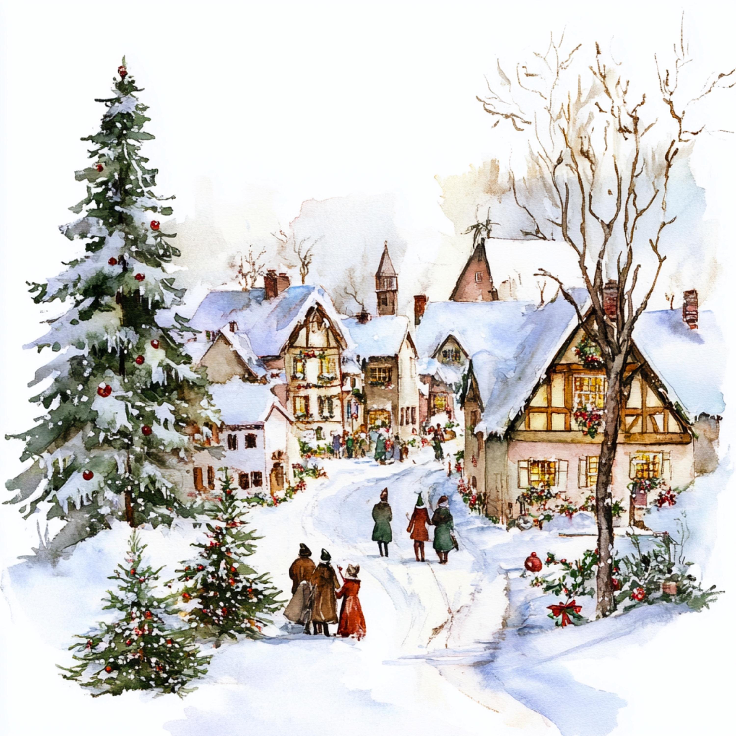 Watercolor Christmas Village Clipart: Snowy Winter Landscape (digital ...