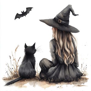 10 Witches Black Cat Clipart, JPG, Watercolor Halloween Illustrations ...