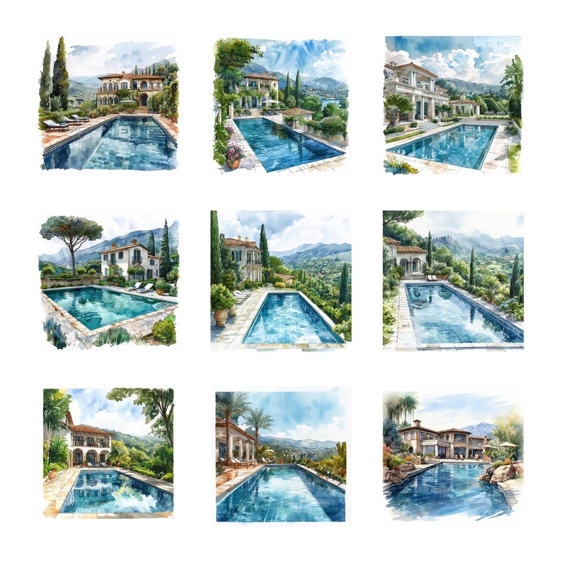 Luxury House Watercolor Clipart: Swimming Pool, Mountain View (digital ...
