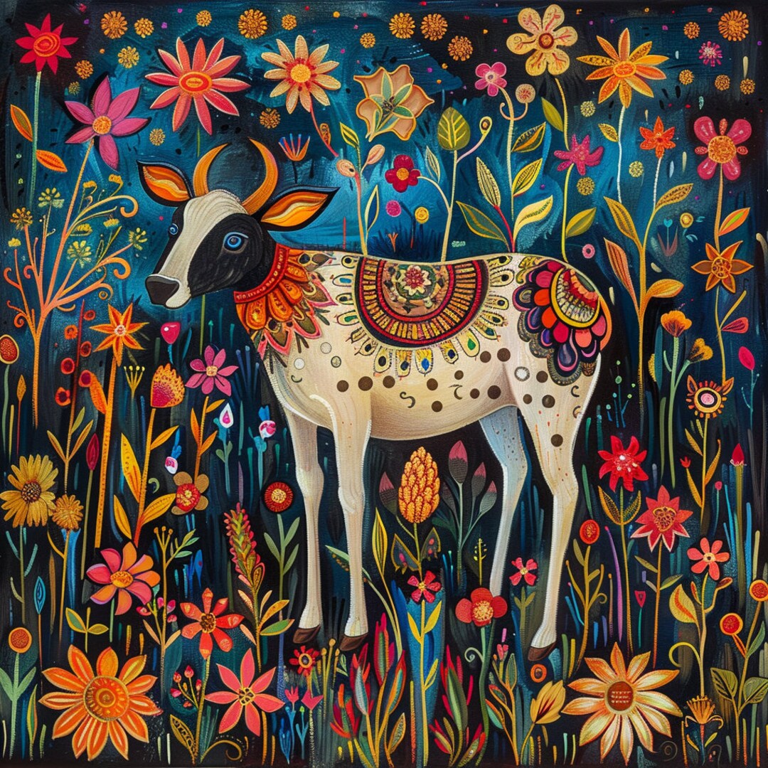 12 Floral Cow Folk Art, Taurus Scandinavian Folk, Watercolor Clipart ...