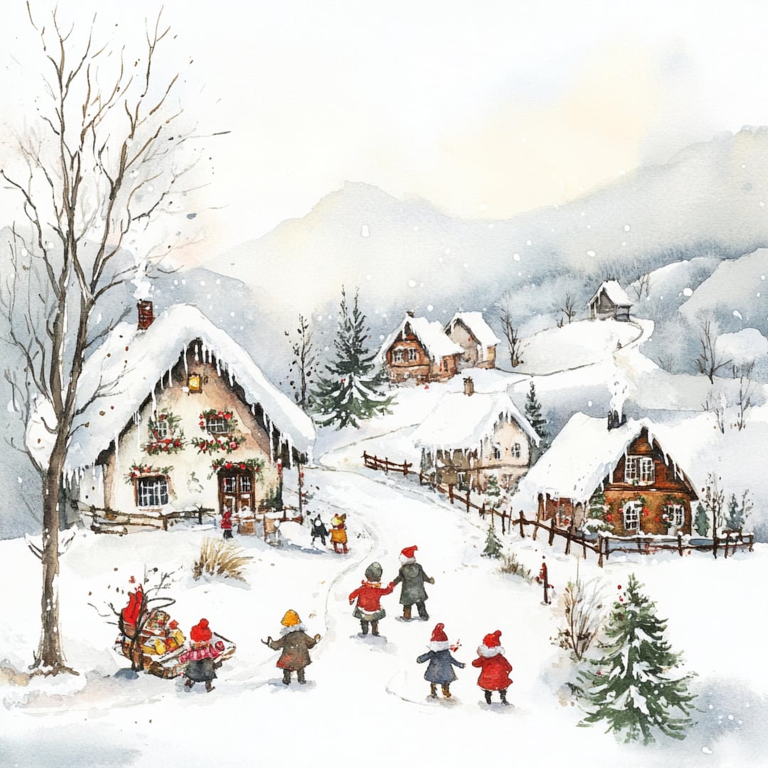 Watercolor Christmas Village Clipart: Snowy Winter Landscape (digital ...