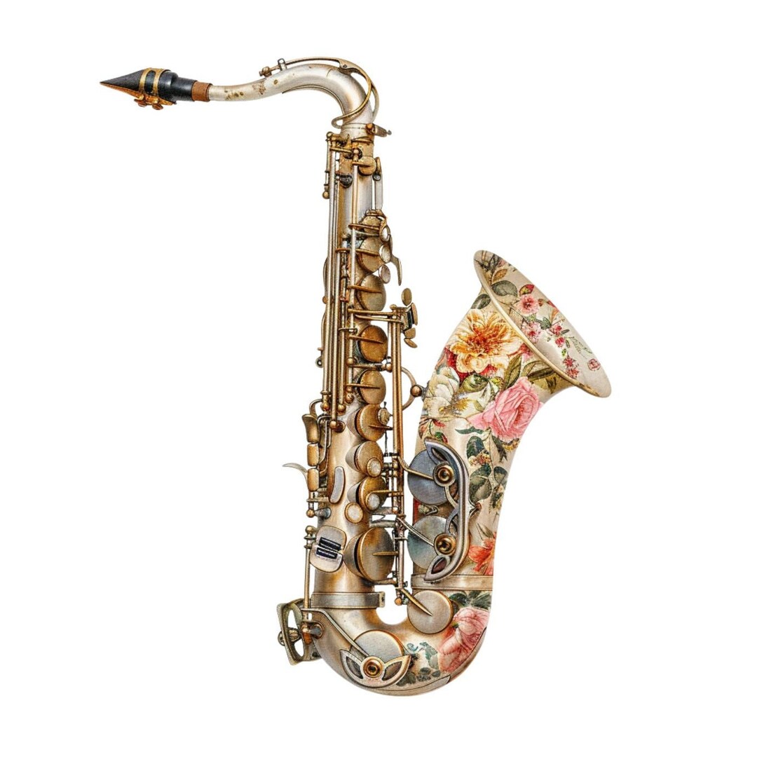 12 Vintage Floral Saxophone Clipart, PNG, Saxophone With Flowers Png ...