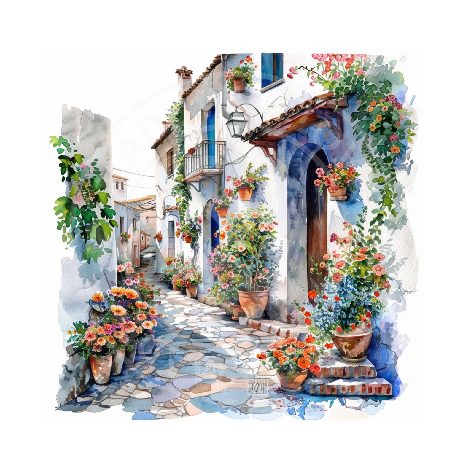 Watercolor Flower Street Clipart: Printable Floral Townscape (JPG ...
