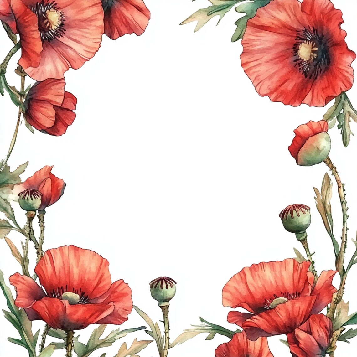 12 Poppy Watercolor Frames Clipart, High-quality PNG, Digital Download ...