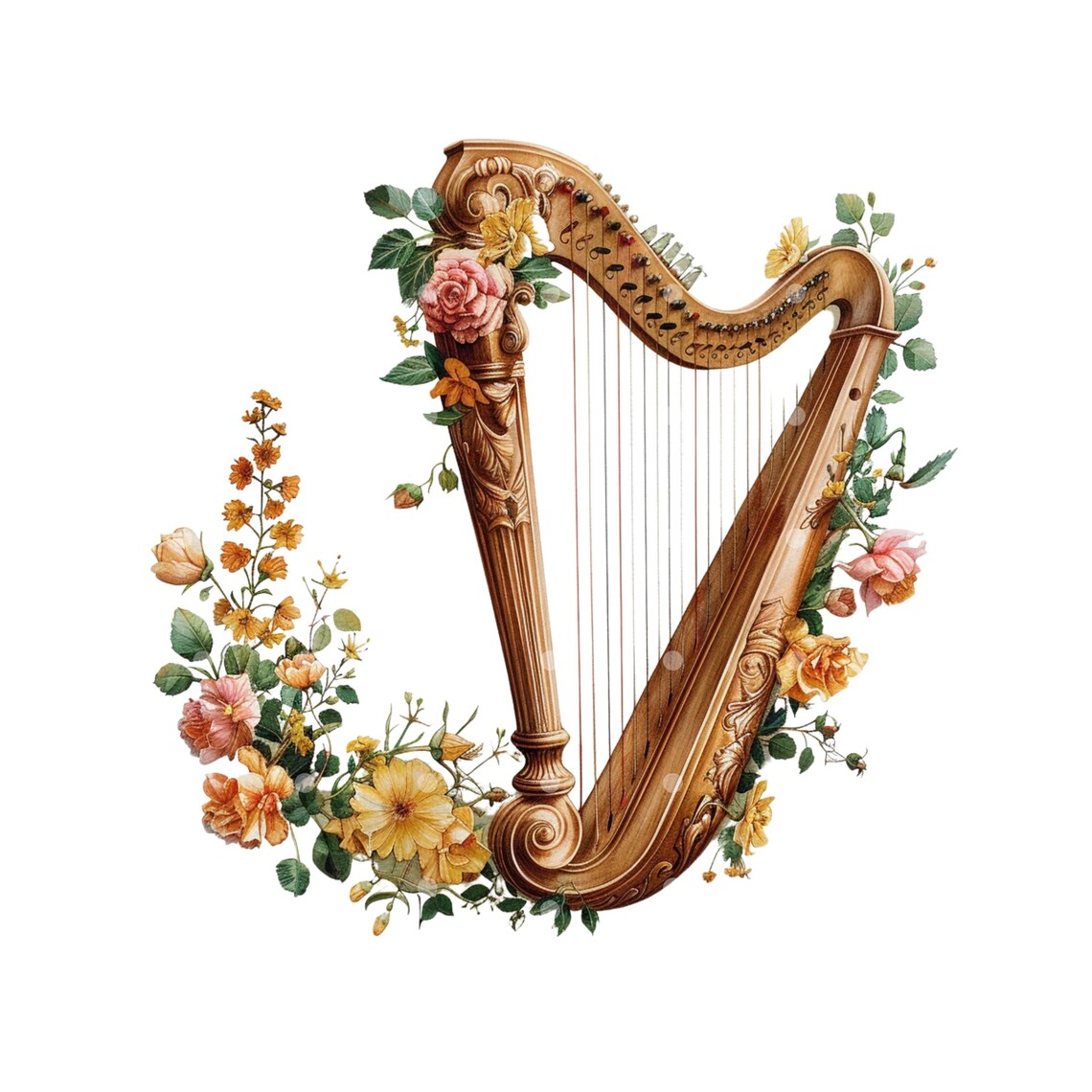 12 Floral Harp Clipart, PNG, Harp With Flowers Png, Printable ...