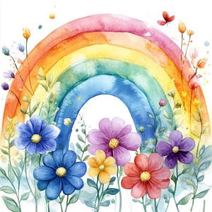 10 Rainbow Flowers Watercolor Clipart, JPG Cartoon Rainbow, Printable ...