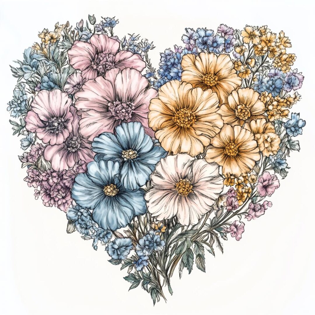 12 Pastel Floral Hearts Valentine’s Day JPG, Romantic Heart Clipart ...