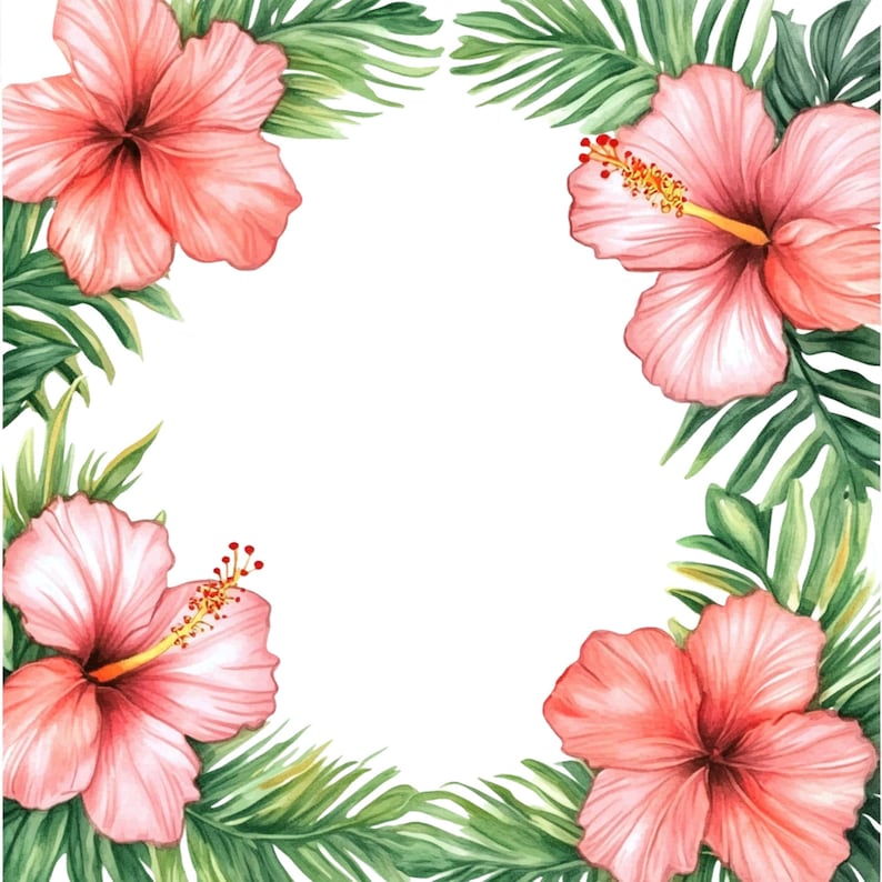 Watercolor Hibiscus Flower Frames Clipart: Hawaii PNG (digital Download ...