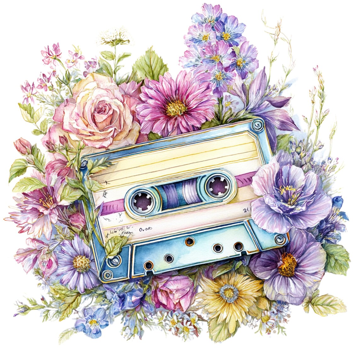 Floral Cassette Clipart: Vintage Watercolor Music Tape PNG (digital ...