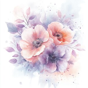 Pastel Violet Flowers Clipart: Watercolor Floral Bouquets (digital ...