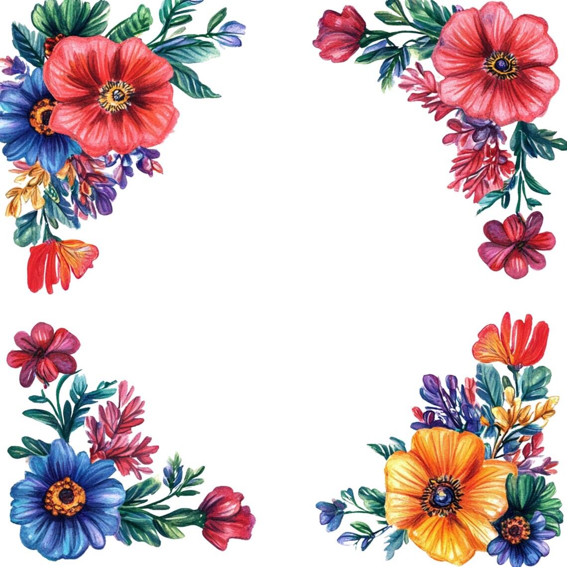 Watercolor Flower Frames Clipart: Bright Floral PNG (digital Download ...