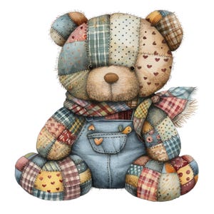 Patchwork Teddy Bear Clipart: Watercolor PNG Images (digital Download ...