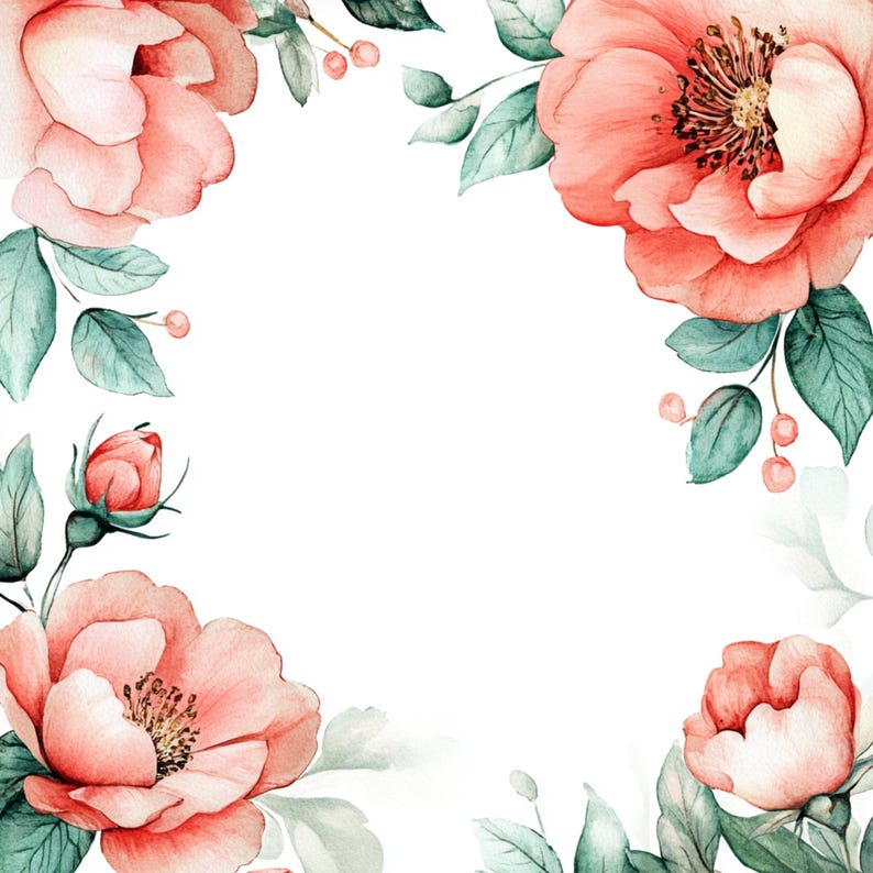 Peach Floral Frame Clipart: Watercolor Flower Borders (digital Download ...