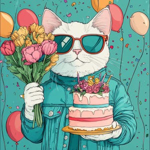 Watercolor Cat Birthday Clipart Bundle: Party Cake Designs (digital ...