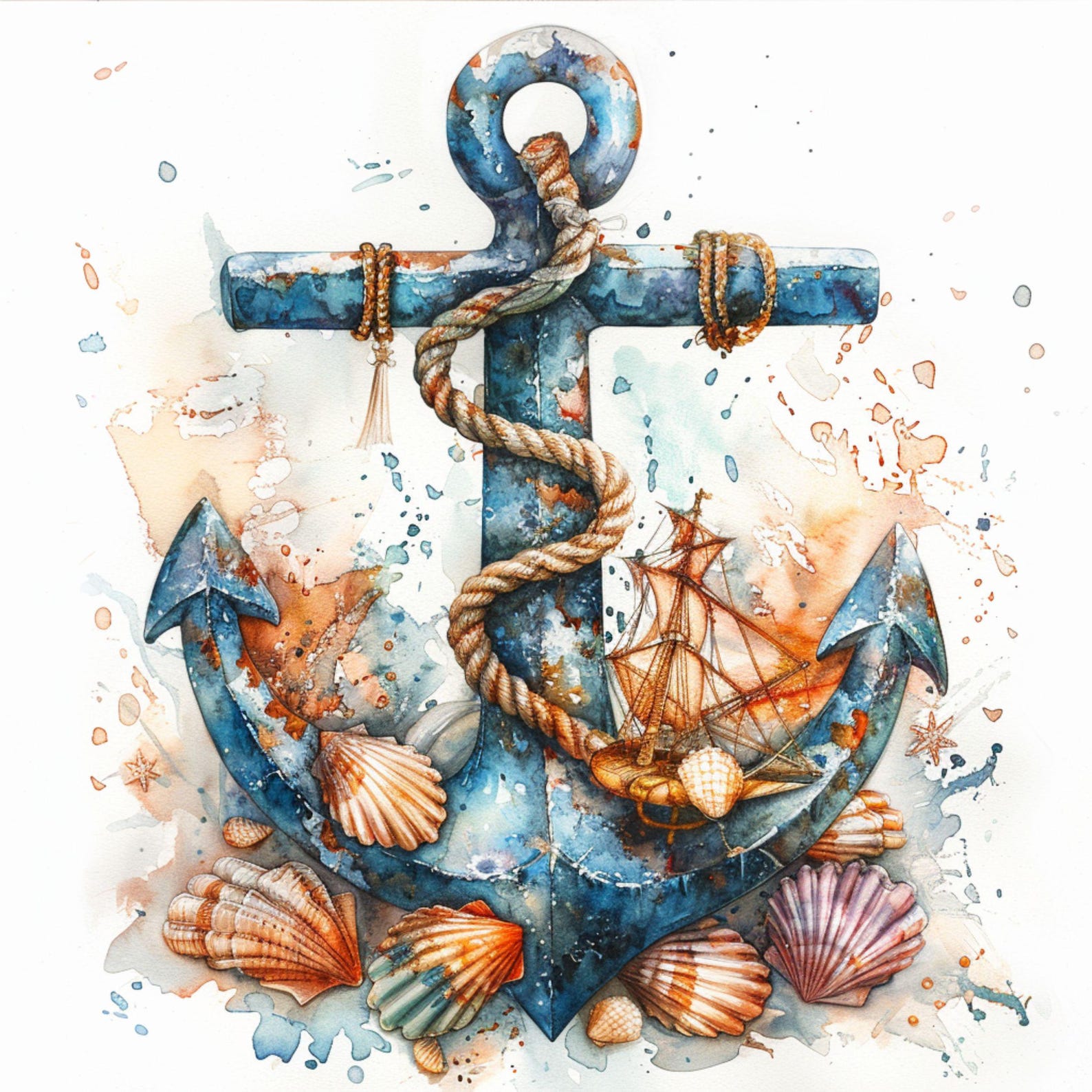 Watercolor Anchor & Sea Shells Cliparts: Nautical Designs (digital ...