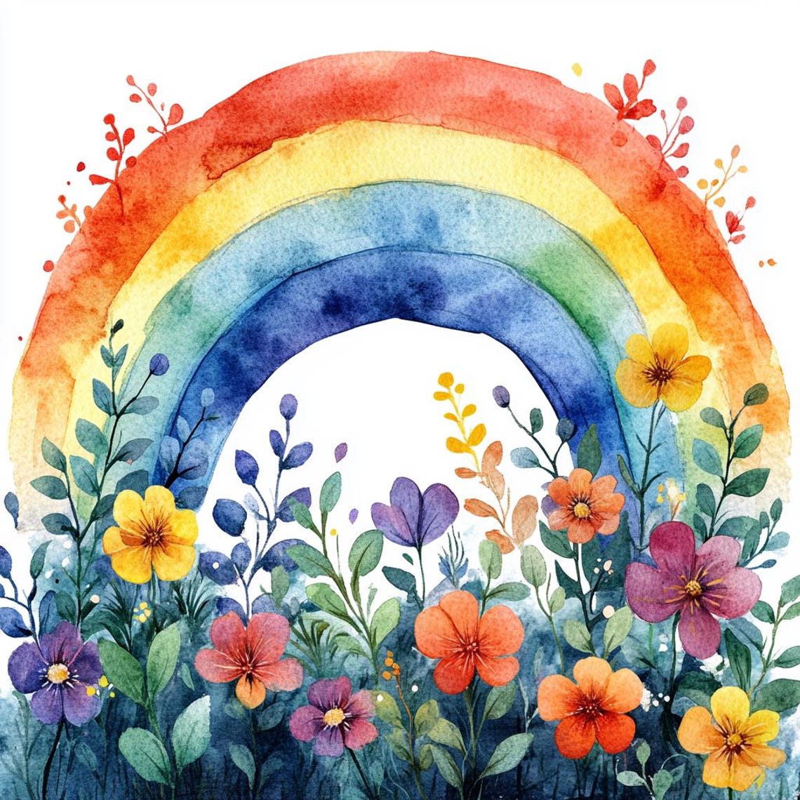 Watercolor Rainbow Flowers Clipart: Floral Art, JPG (digital Download ...
