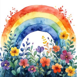 10 Rainbow Flowers Watercolor Clipart, JPG Cartoon Rainbow, Printable ...