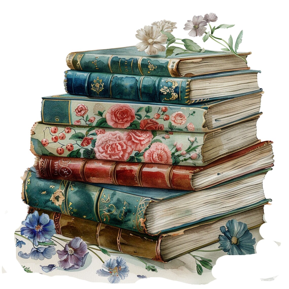 14 PNG Stack of Books. Books and Flowers Png Clipart, Watercolor Stack ...