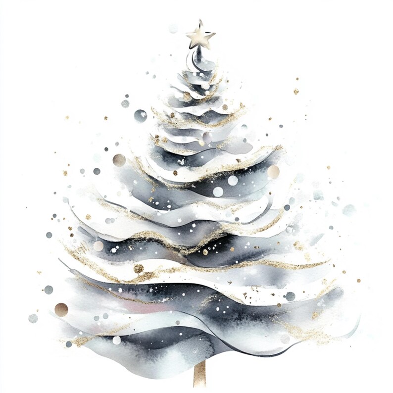Watercolor Christmas Tree Clipart: Gold & Silver Holiday Art (digital ...
