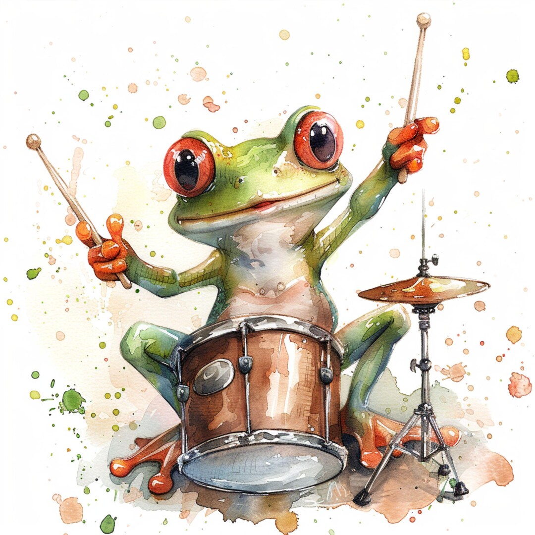 12 FROG PLAYING DRUMS Clipart, Jpg Image of Frog Musician, Frog and ...