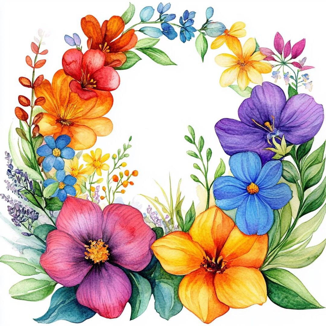 Rainbow Floral Frame Clipart: Colorful Flower Borders (PNG, Digital ...