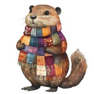 12 BEAVER in a PATCHWORK SCARF Digital Image, Beaver Png Illustration ...