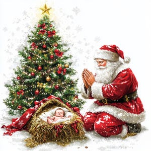 Santa Praying Over Baby Jesus: Watercolor Christmas Clipart (digital ...
