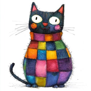 Watercolor Patchwork Cat Clipart: Vintage Scrapbooking Art (digital ...