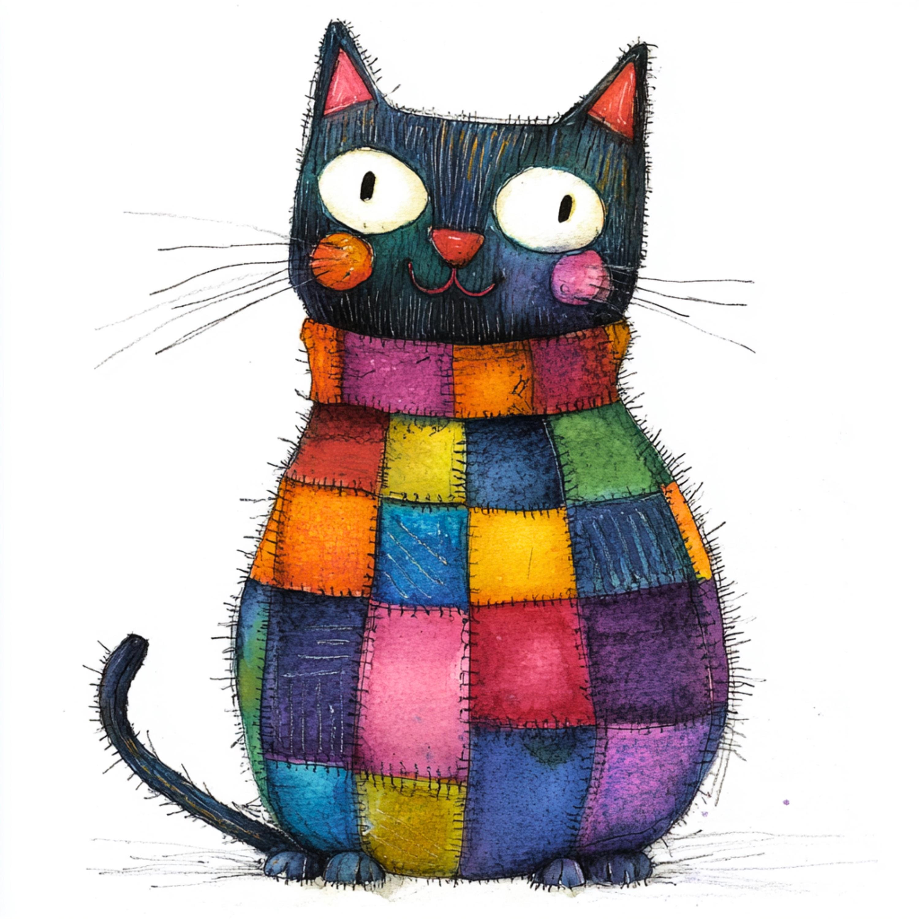 Watercolor Patchwork Cat Clipart: Vintage Scrapbooking Art (digital ...