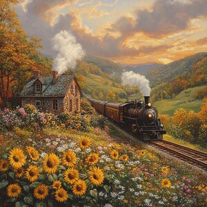 Vintage Steam Train Illustration: Sunflower Field & House Art (digital ...