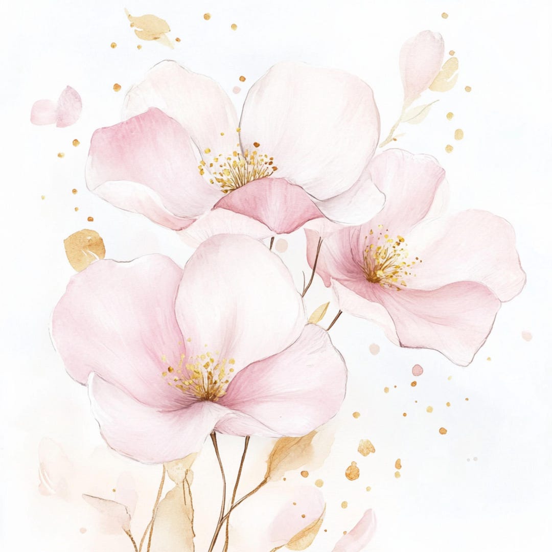 Pink Gold Watercolor Flowers Clipart: Pastel Floral Graphics (digital ...