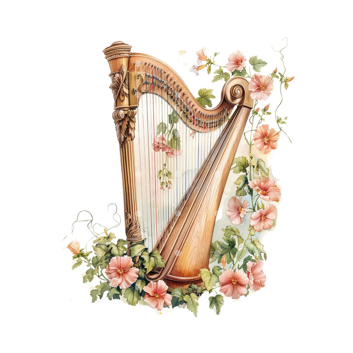12 Floral Harp Clipart, PNG, Harp With Flowers Png, Printable ...