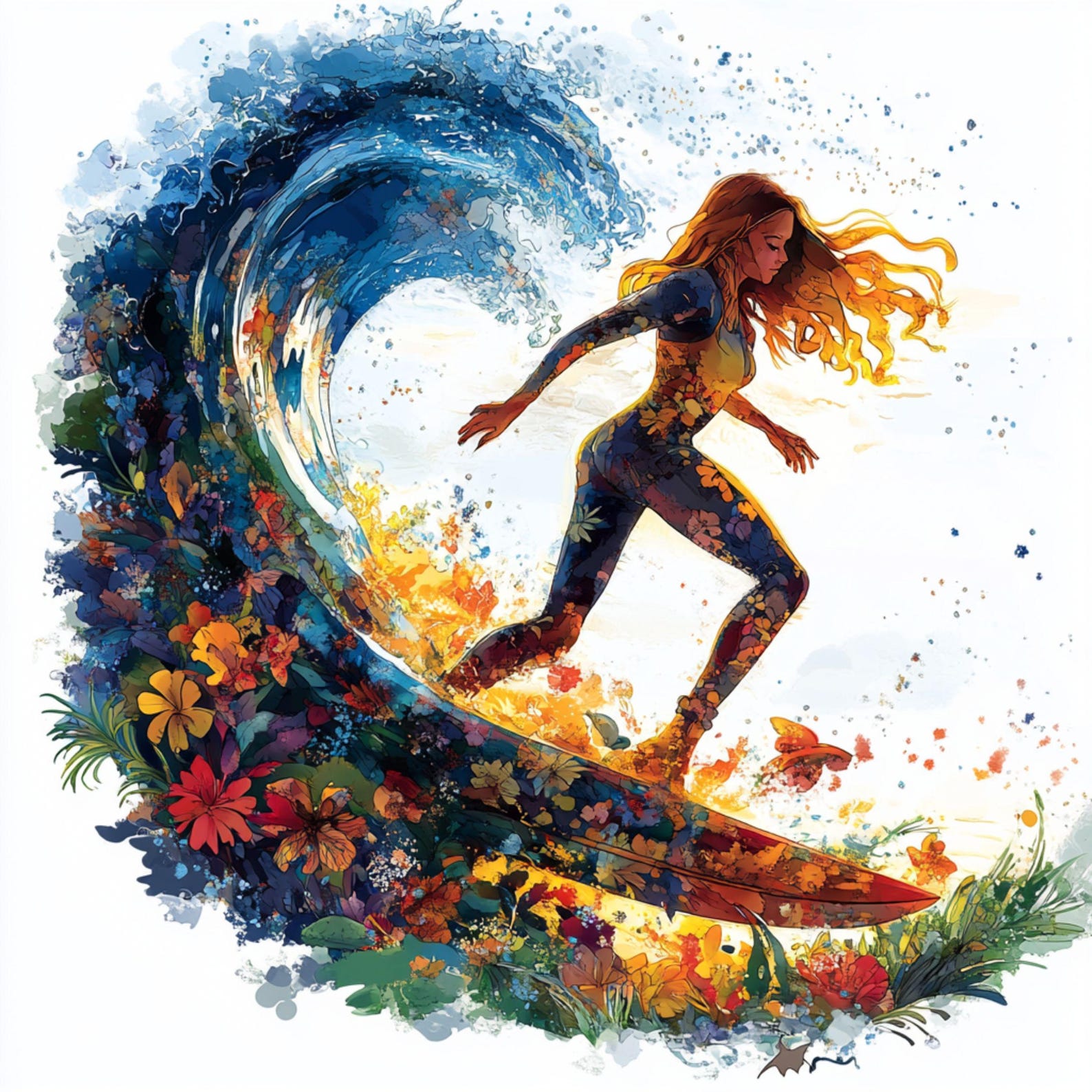 Surfing Girl With Flowers Clipart: Summer Digital Images (commercial ...